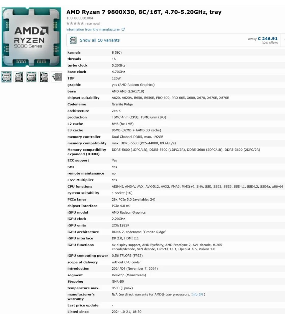 Стали известны технические характеристики AMD Ryzen 7 9800X3D | Форум MMGP